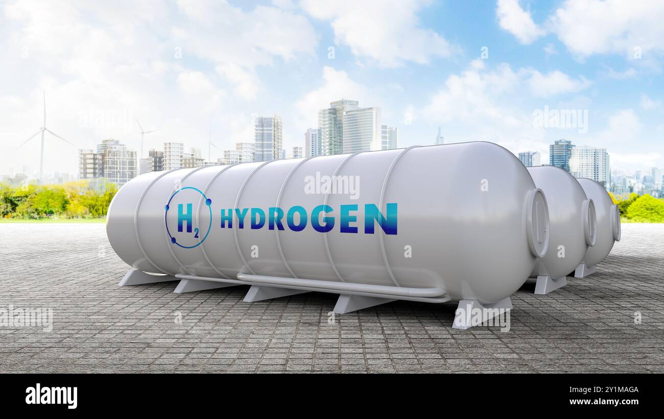 3d rendering hydrogen storage system for ecofriendly against cityscape ...