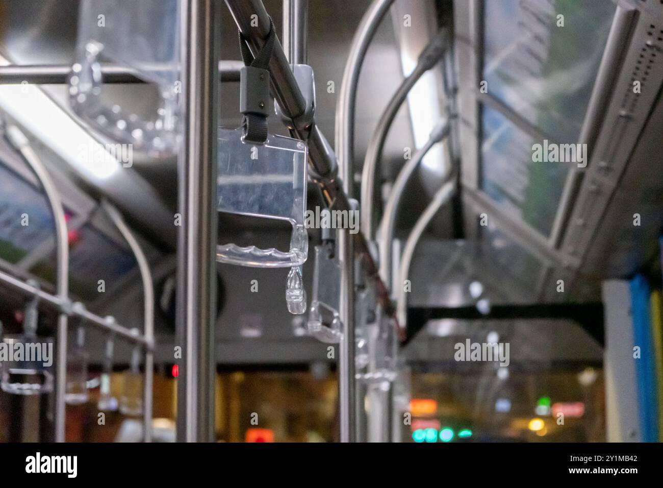 Interior view of the bus with hand grip, in Bangkok, Thailand Stock ...