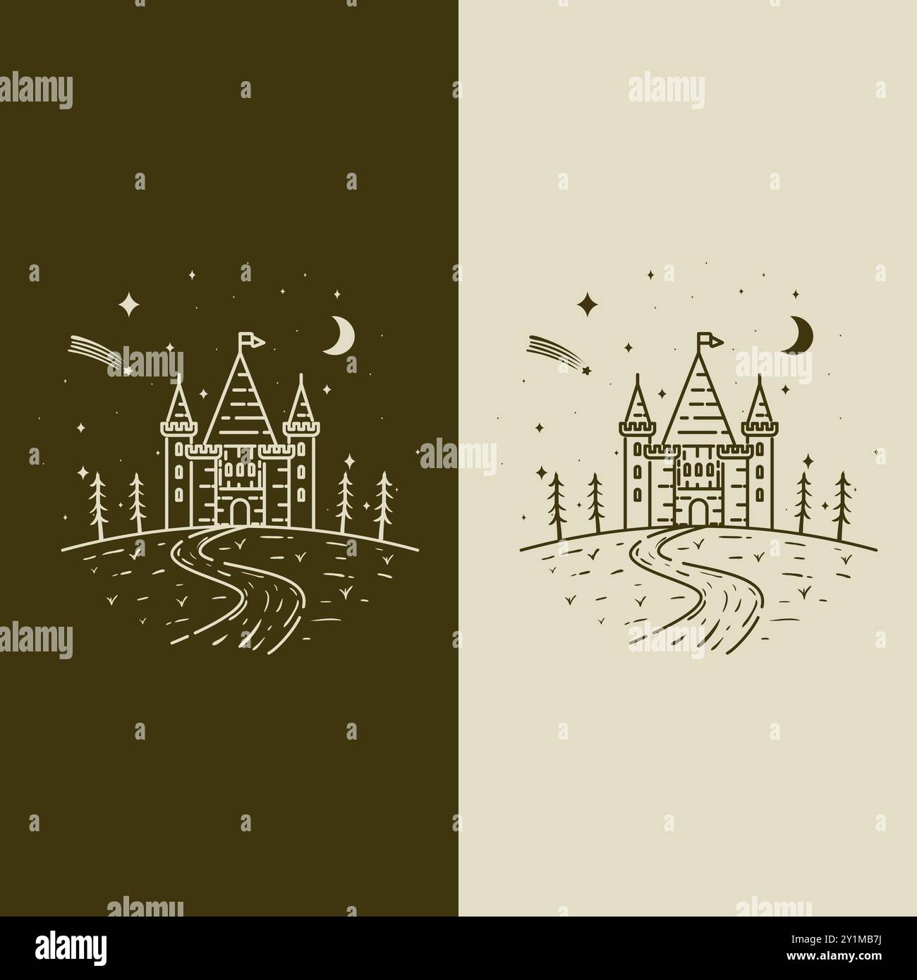 Castle at Night Line Art Vector Illustration Logo Design Stock Vector ...