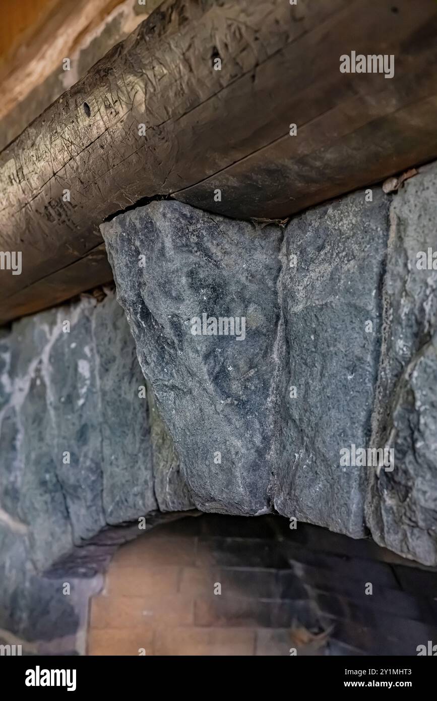 Fireplace details in a rustic park picnic pavilion built by the ...