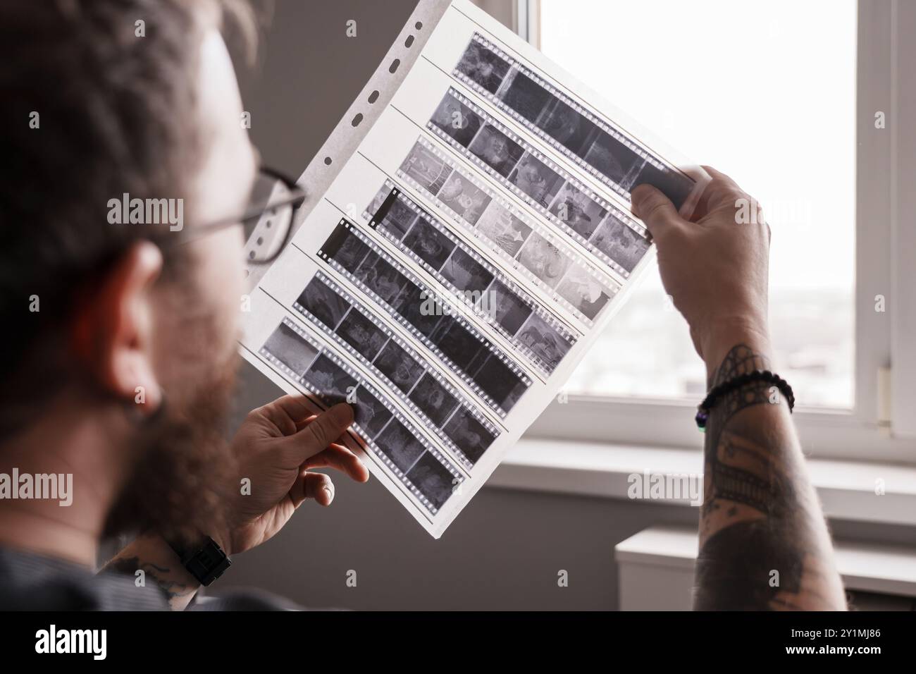 Photographer examining film negatives by window light Stock Photo - Alamy