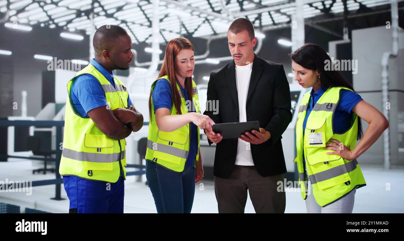 Meeting Manufacturing Manager At Factory. Team Leadership Presentation ...