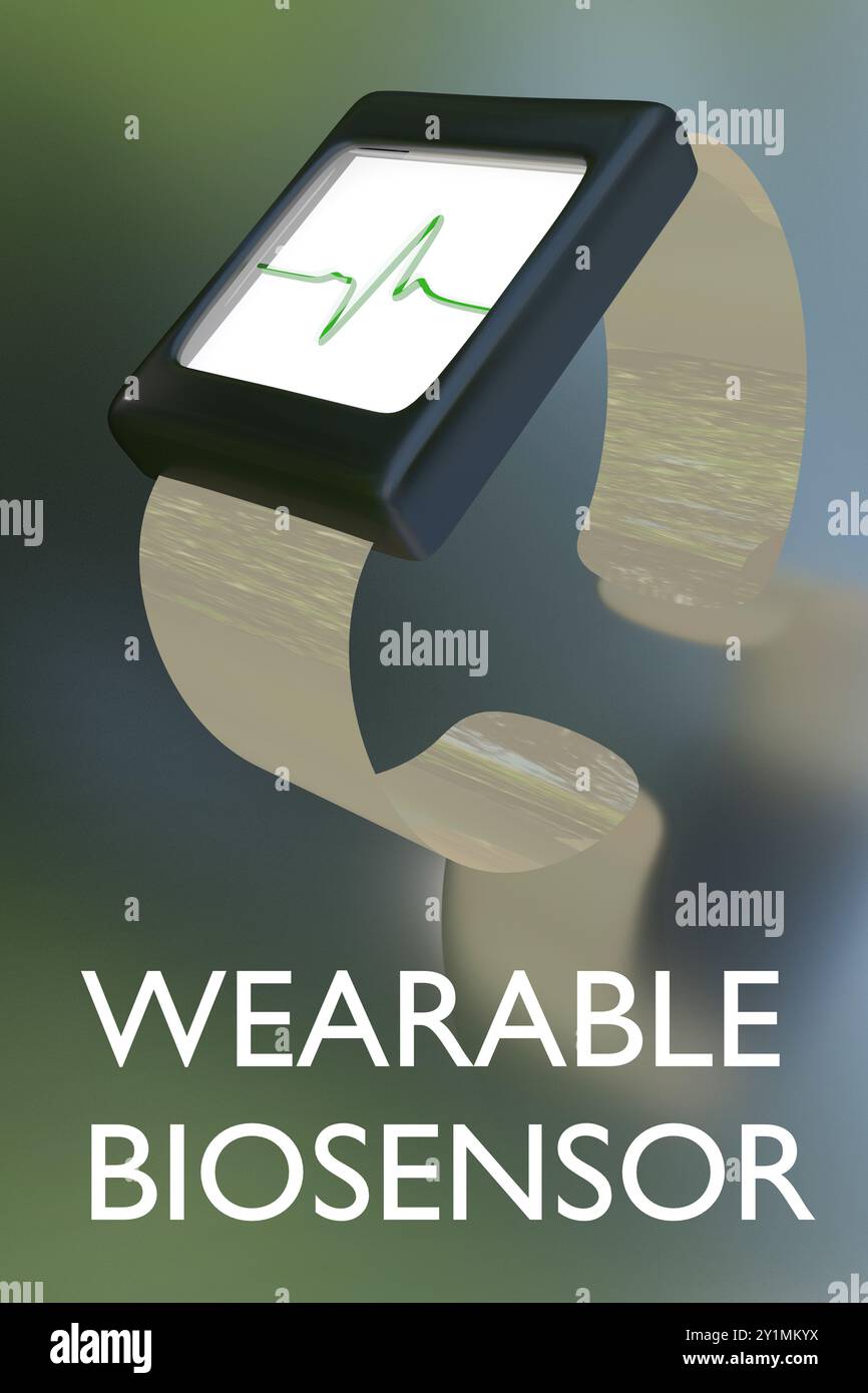 3D illustration of wearable biosensor, titled WEARABLE BIOSENSOR Stock ...