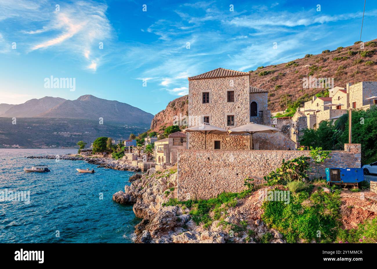 The waterfront of Limeni, a small village on the Mani peninsula, in ...