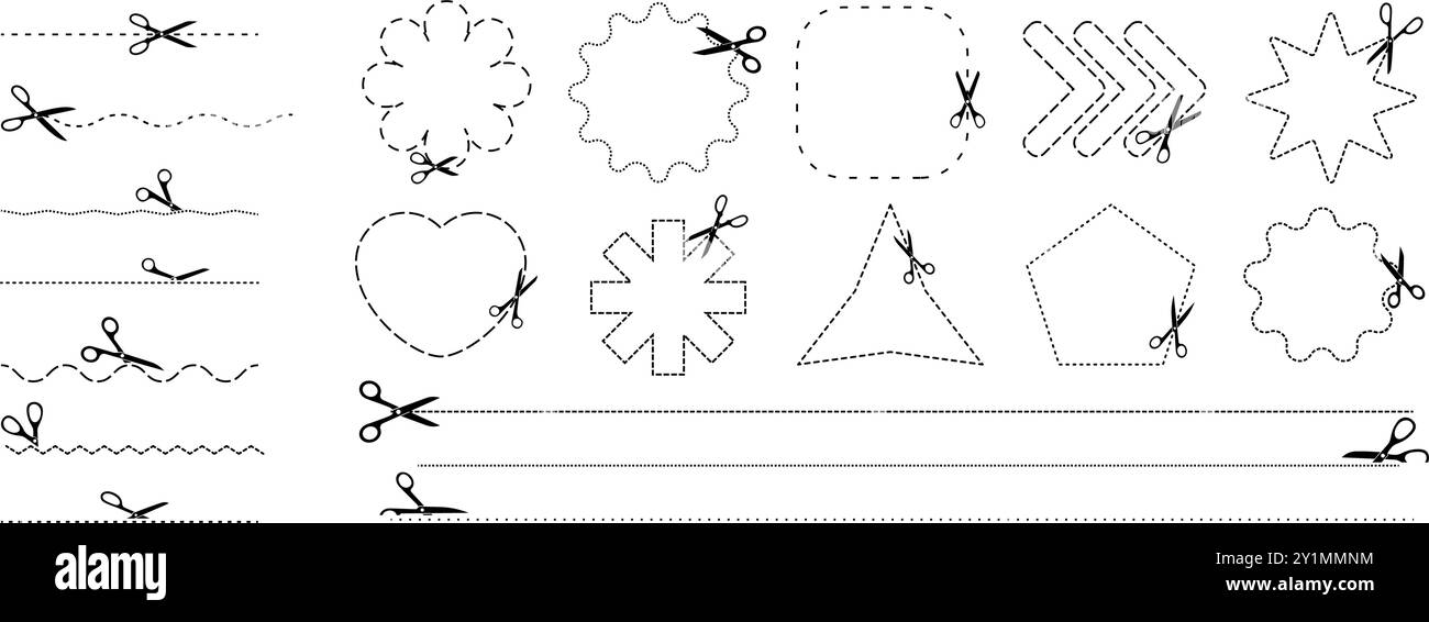 Collection of scissors with cut lines and geometric shapes. Cut here ...