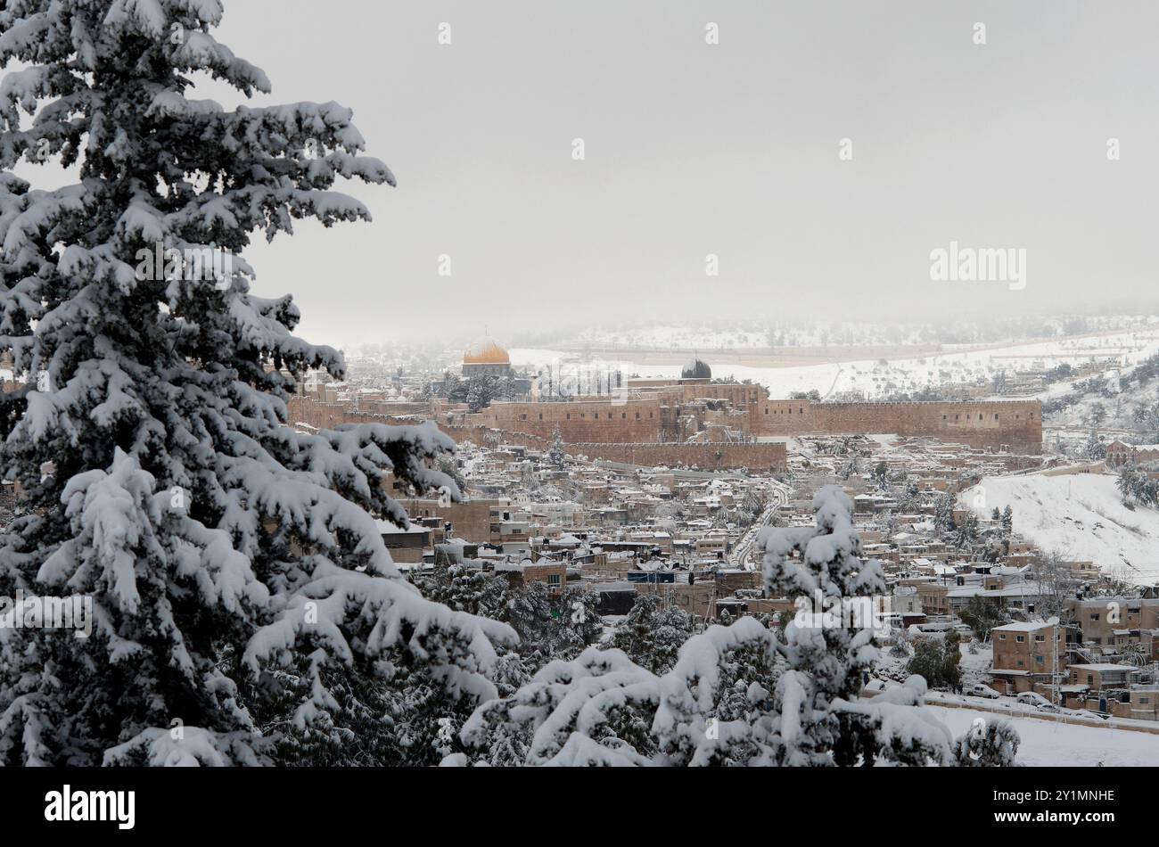 View of the snow-covered Temple Mount, Dome of the Rock and Al Aqsa ...