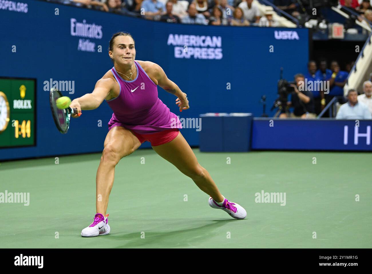New York, USA. 7th Sep, 2024. Aryna Sabalenka competes during the women ...
