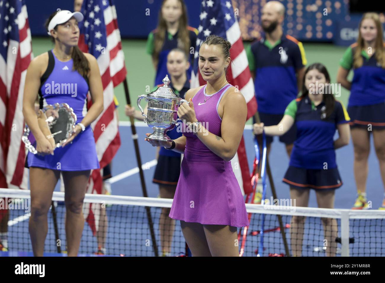 Winner Aryna Sabalenka of Belarus celebrates, left finalist Jessica ...