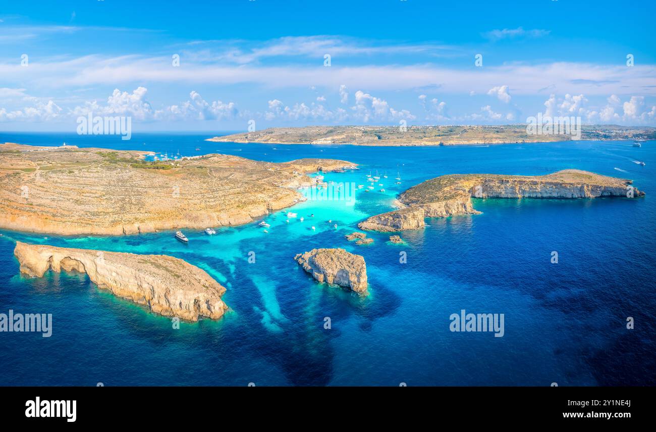 Aerial view of Comino Island, Malta, showcasing the crystal-clear ...