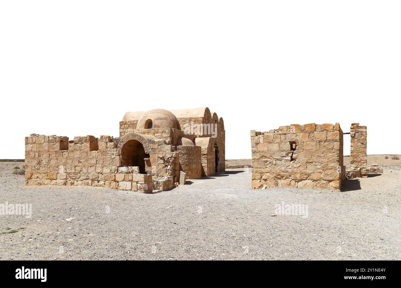 Quseir (Qasr) Amra desert castle (on white background) near Amman ...