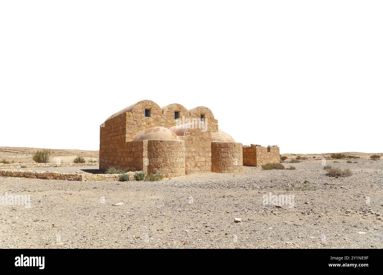Quseir (Qasr) Amra desert castle (on white background) near Amman ...