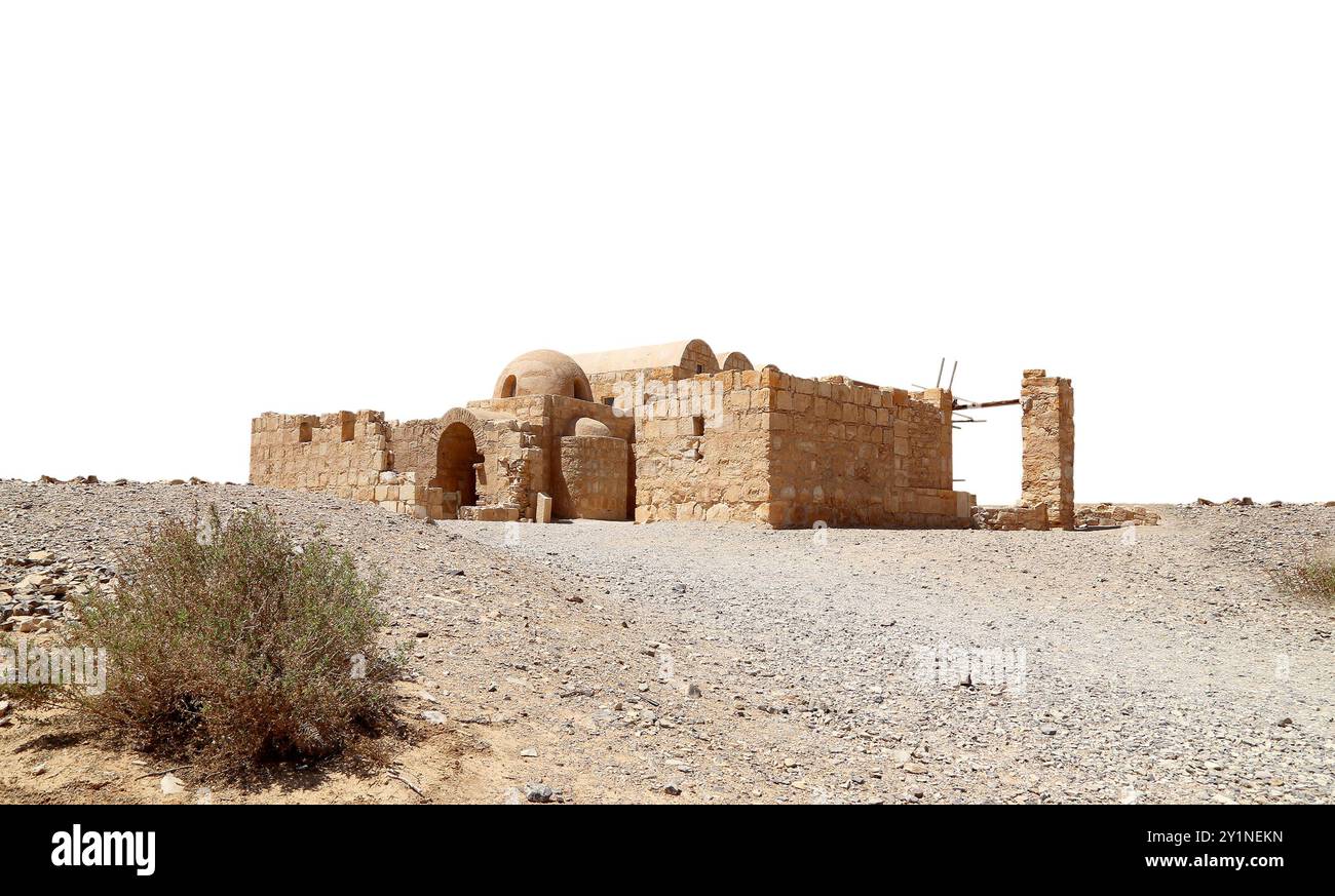Quseir (Qasr) Amra desert castle (on white background) near Amman ...