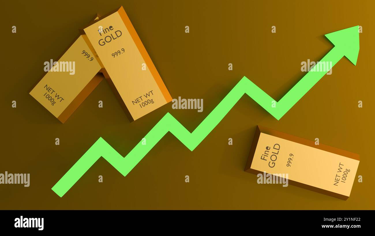 A 3D rendering of stacked gold bars with a green arrow indicating ...