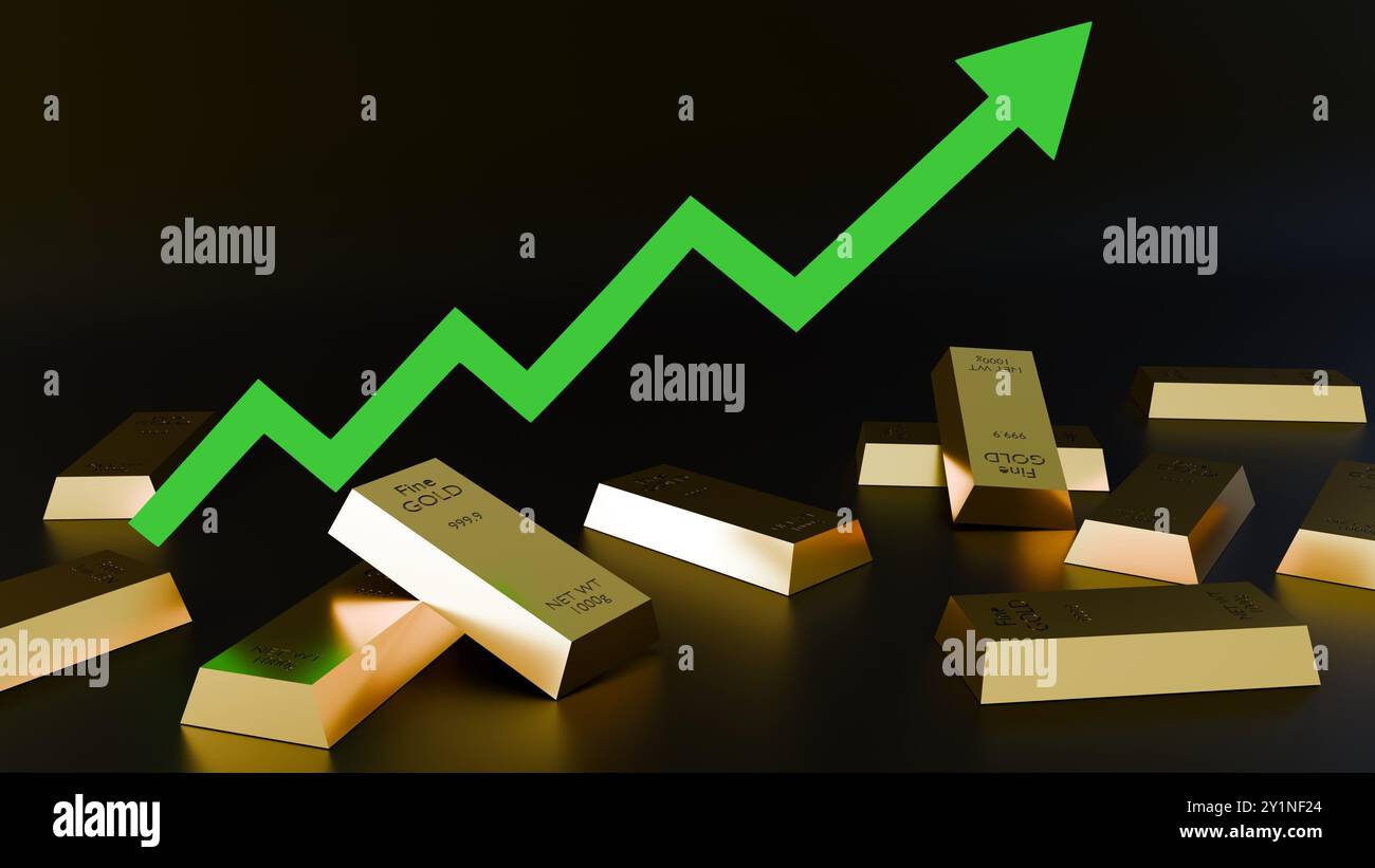 A 3D rendering of stacked gold bars with a green arrow indicating upward growth or a positive ...