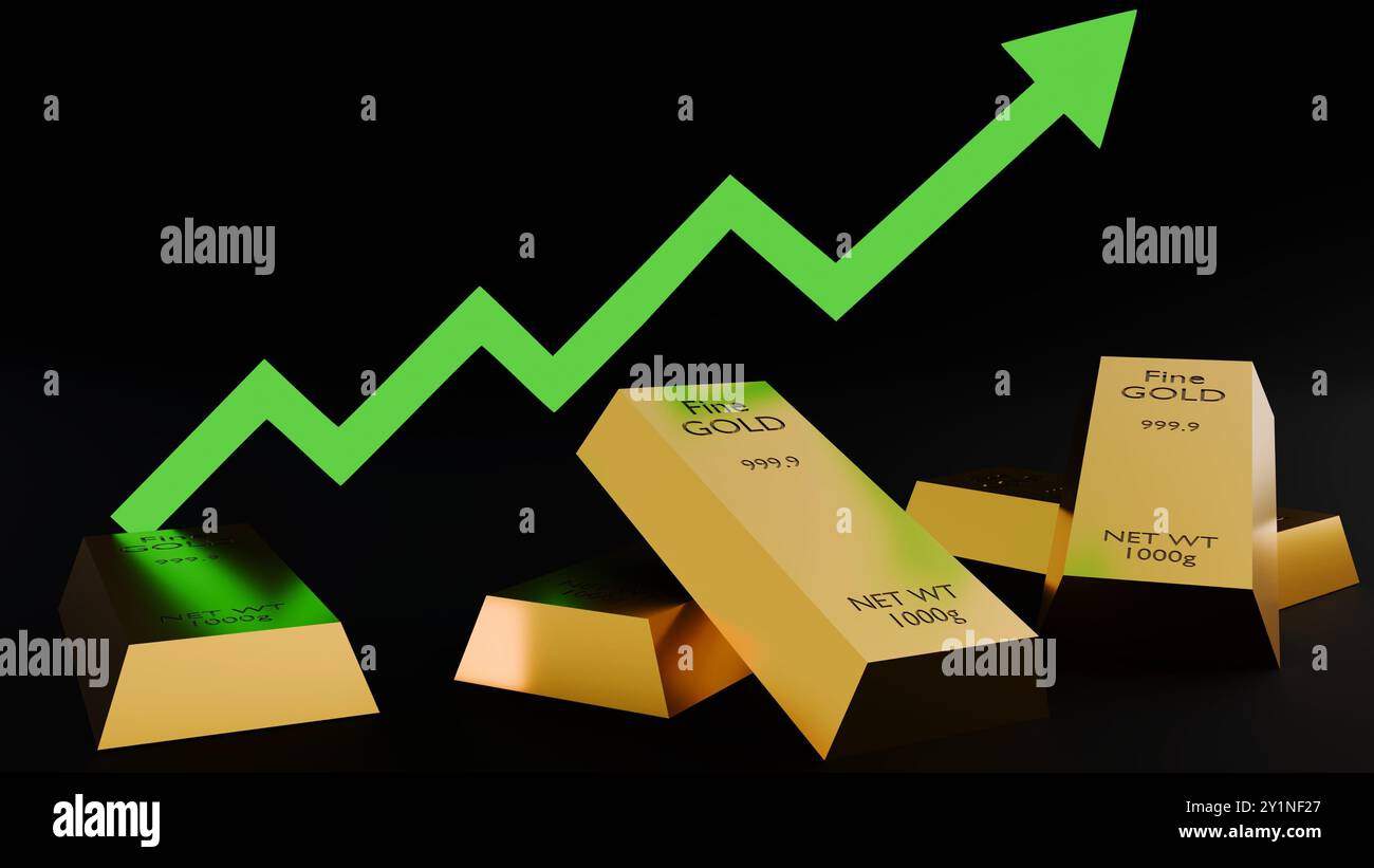 A 3D rendering of stacked gold bars with a green arrow indicating ...