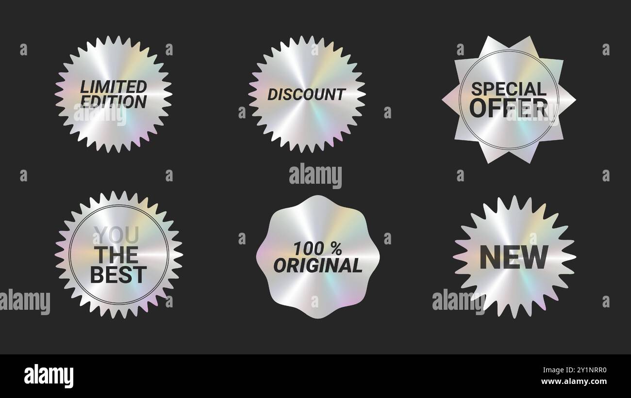 Holographic stickers logos emblem labels color set. Metallic effect ...