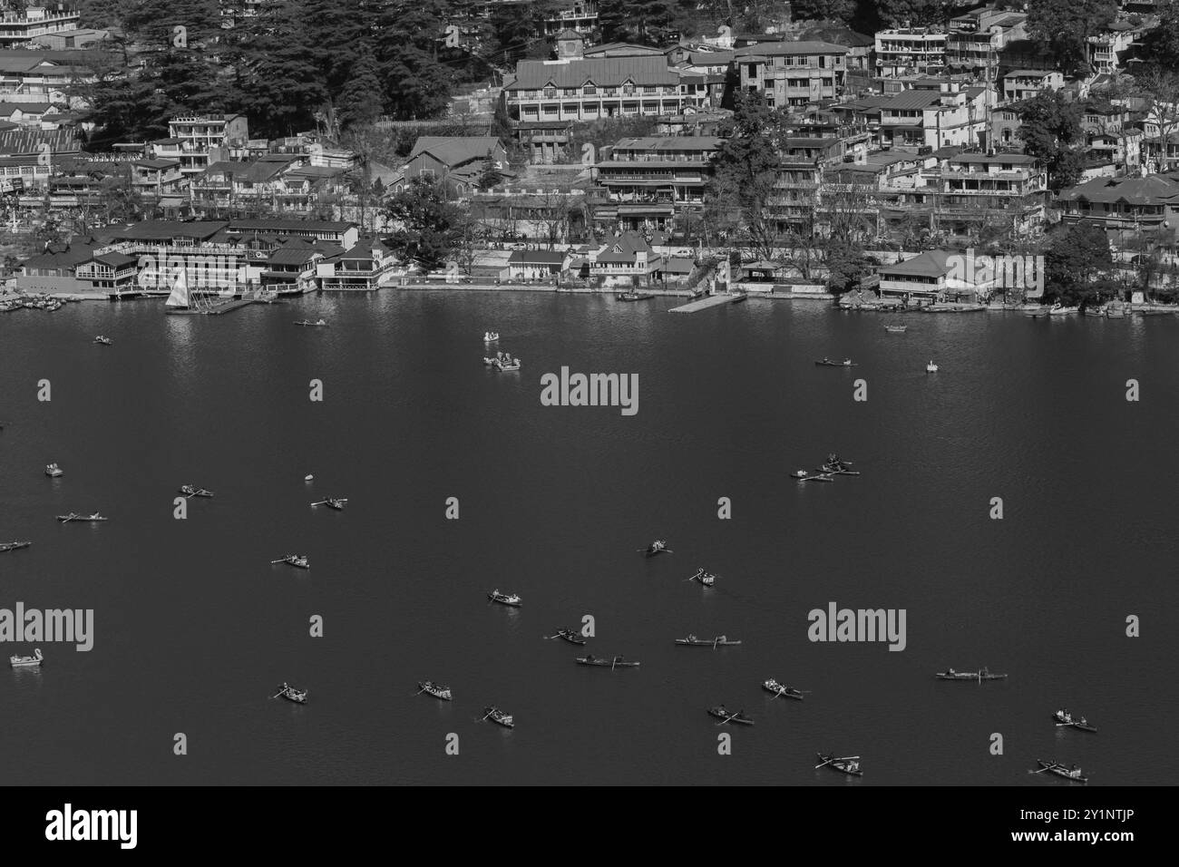 An aerial view of Naini lake and town at Nainital, India, a famous ...