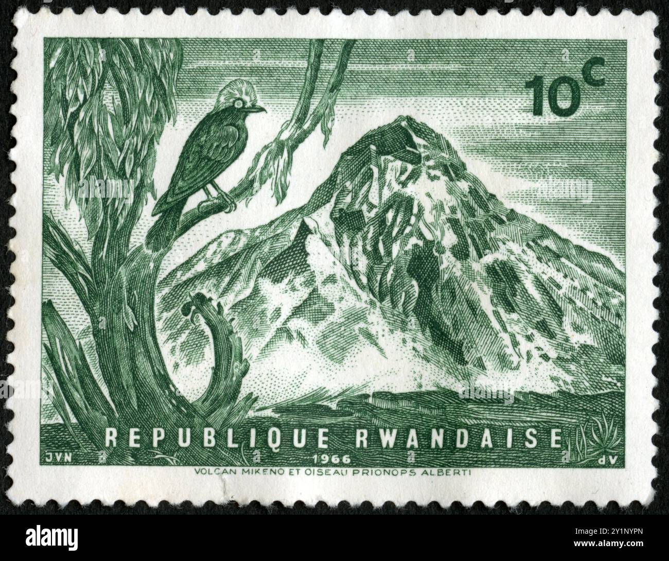 Timbre République Rwandaise 1966 Volcan Mikeno et l'oiseau Prionops ...