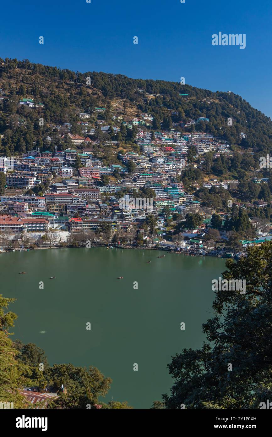 An aerial view of The Naini lake, a famous tourist destination and the ...