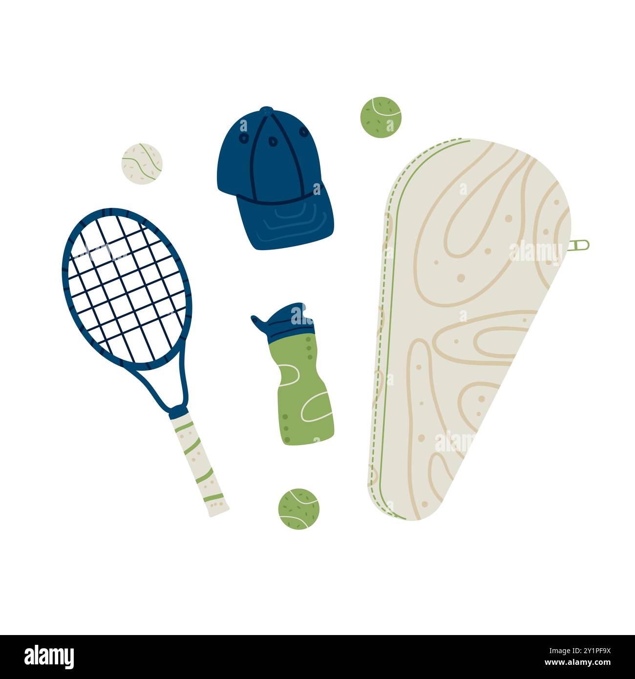 Tennis equipment set isolated on white background. Racket, cap, ball ...