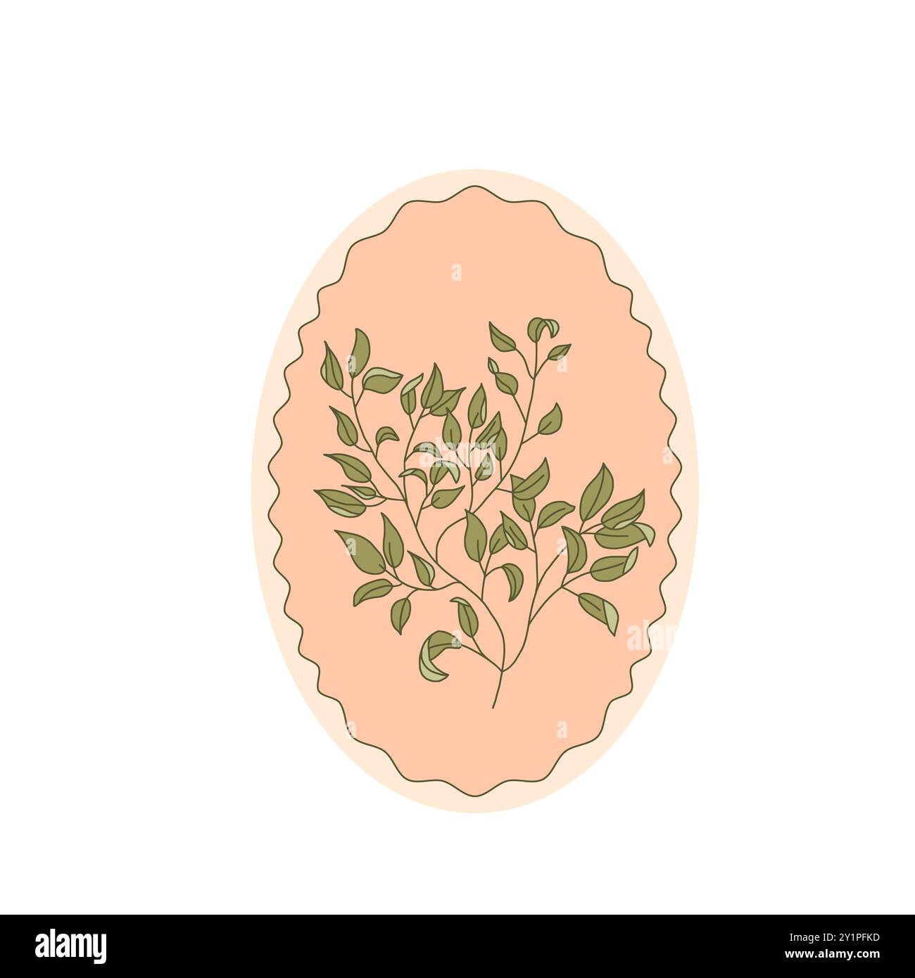 Leaves branch oval badge isolated on white background. Vector hand ...