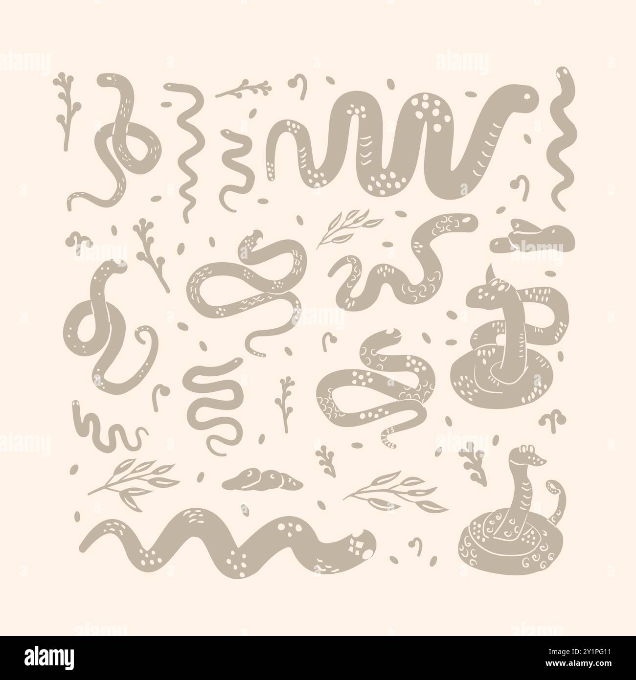 Neutral-toned design with various snakes. Vector hand drawn flat ...