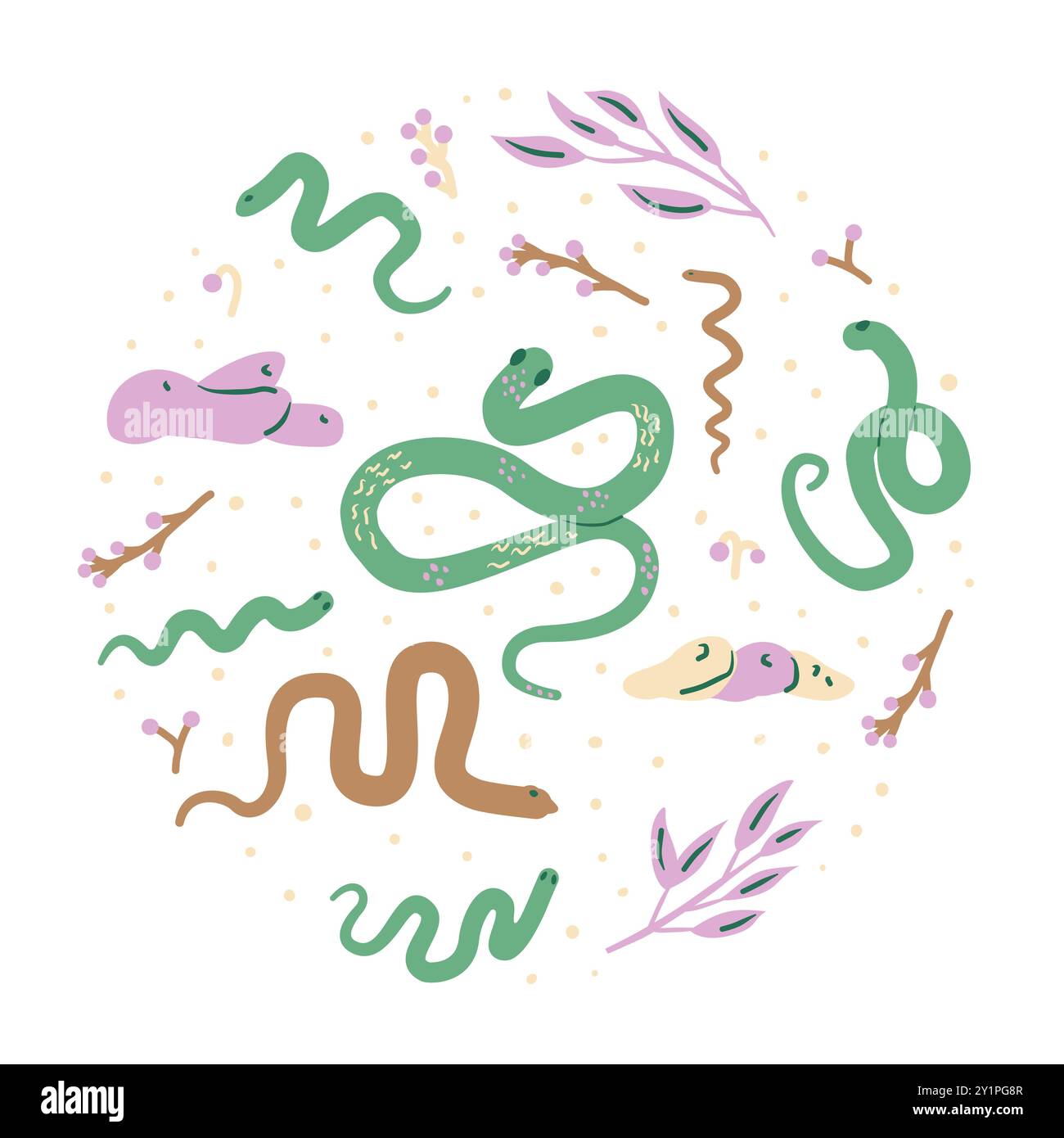 Snakes round badge. Chinese New Year snake circle emblem. Vector hand ...