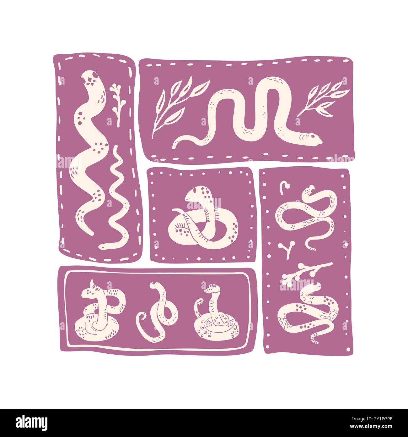 Patchwork poster with snakes elements arranged in rectangular segments ...