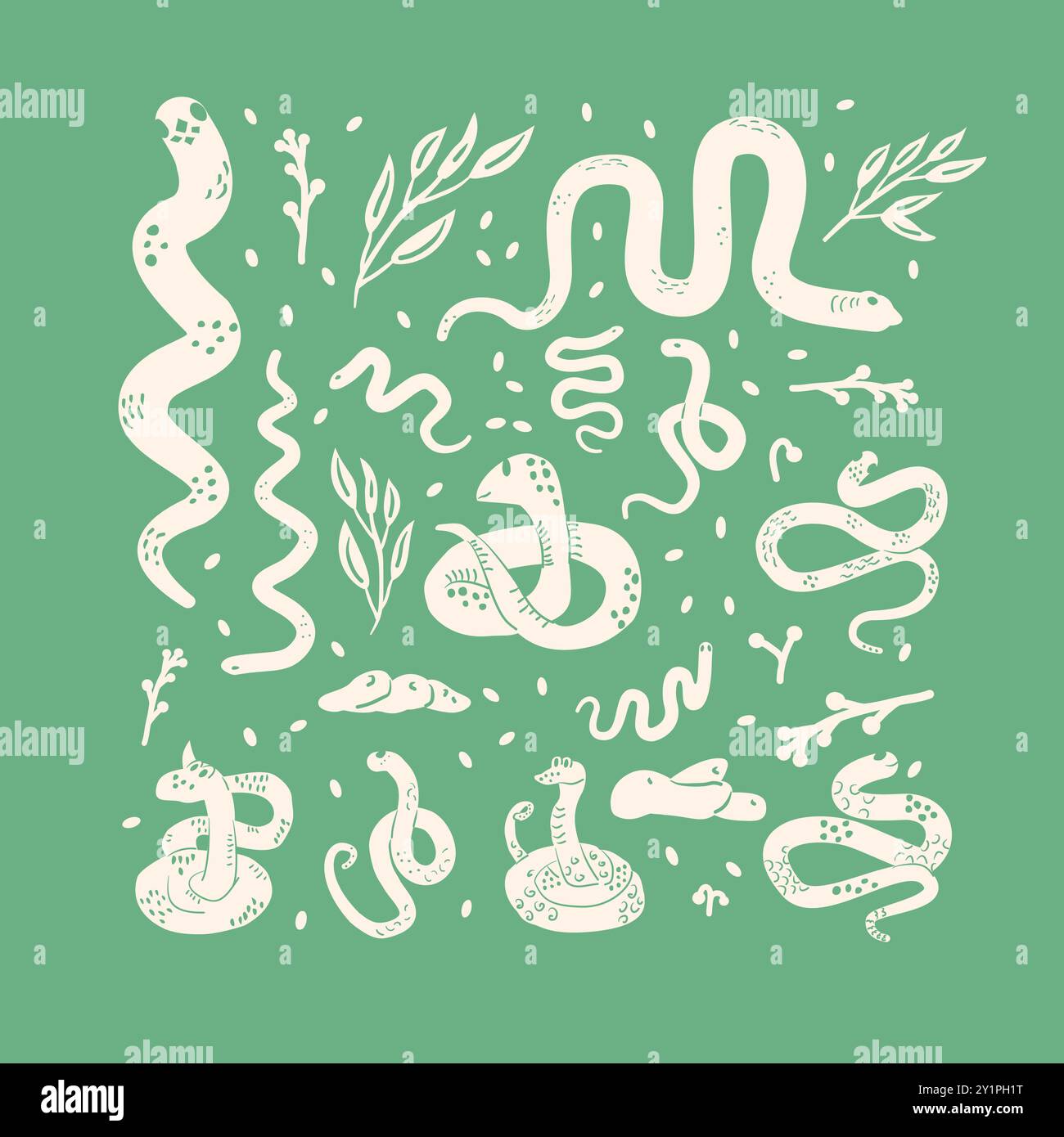 Green poster with various snakes. Vector hand drawn flat illustration ...