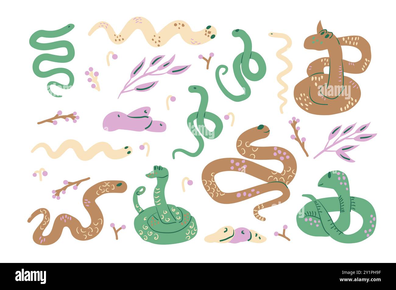 Set of snakes. Crawling reptile with leaves and berries kit. Vector ...