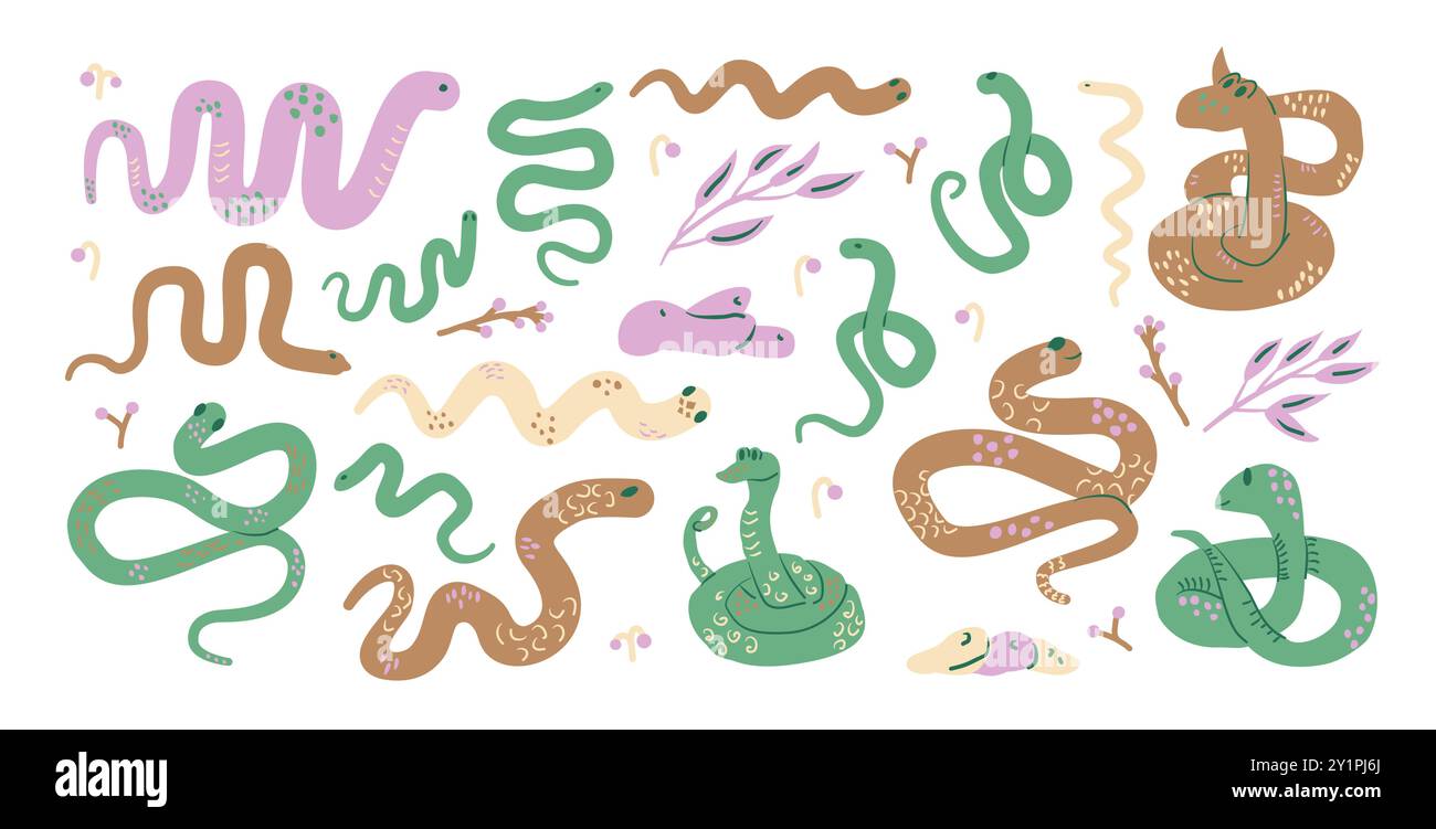Set of snakes. Cute reptile characters with leaves and berries kit ...
