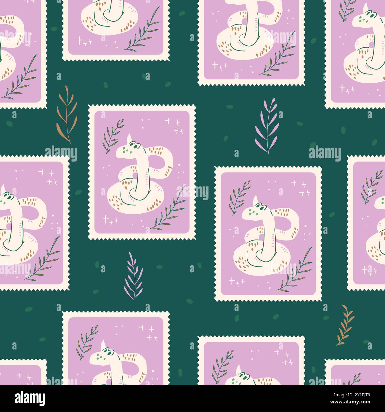 Snakes post stamps seamless pattern. Pink reptiles repeat on dark ...