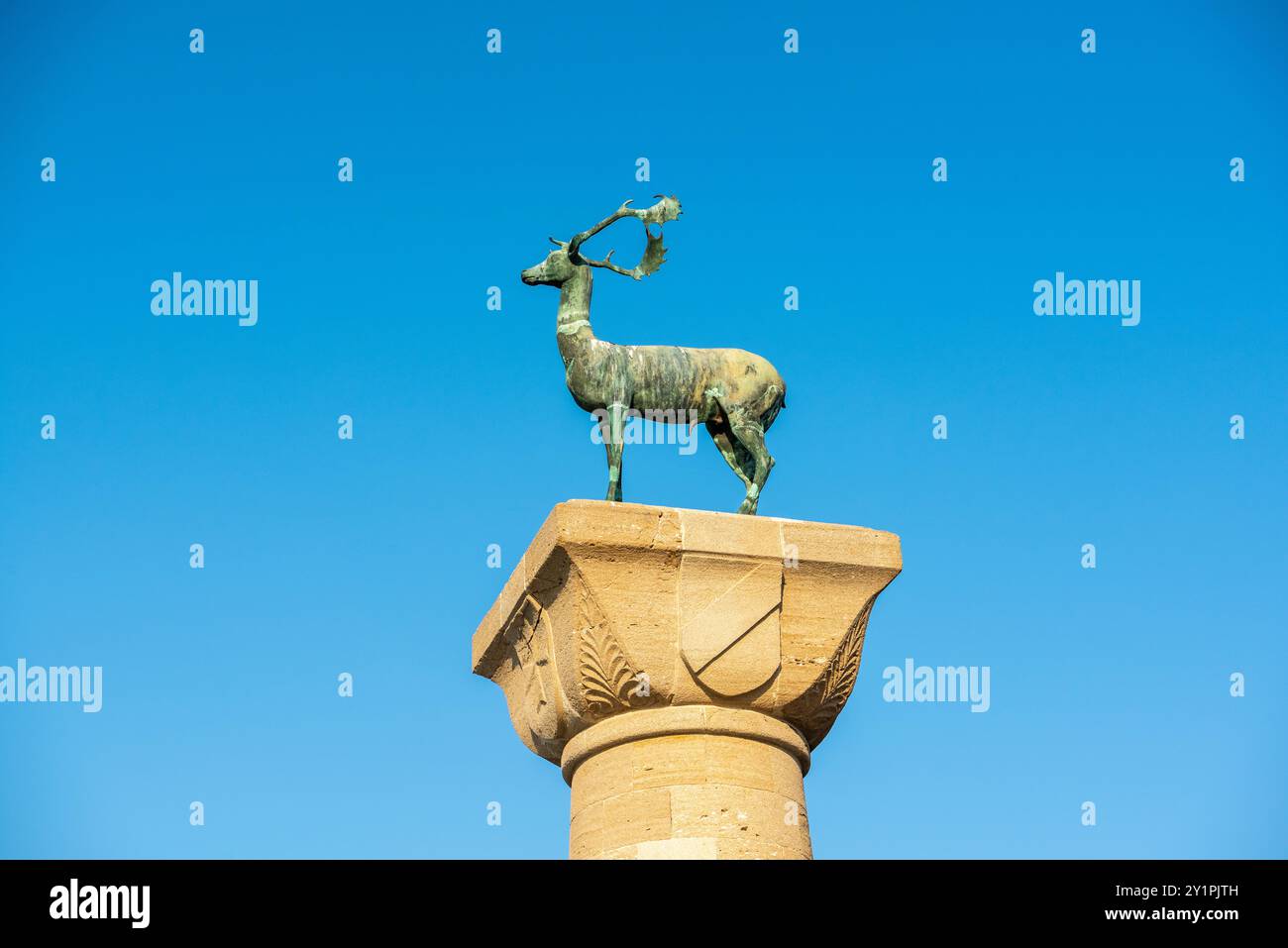 Rhodes Town, Greece – July 18, 2024. Bronze statue of a stag Rhodian ...