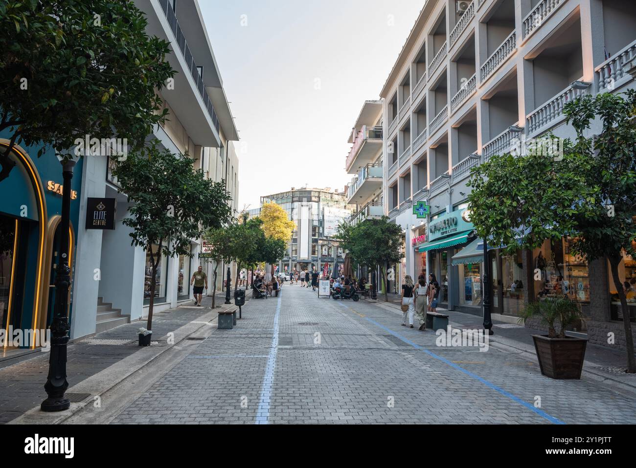 Rhodes Town, Greece – July 18, 2024. View of pedestrian shopping street ...