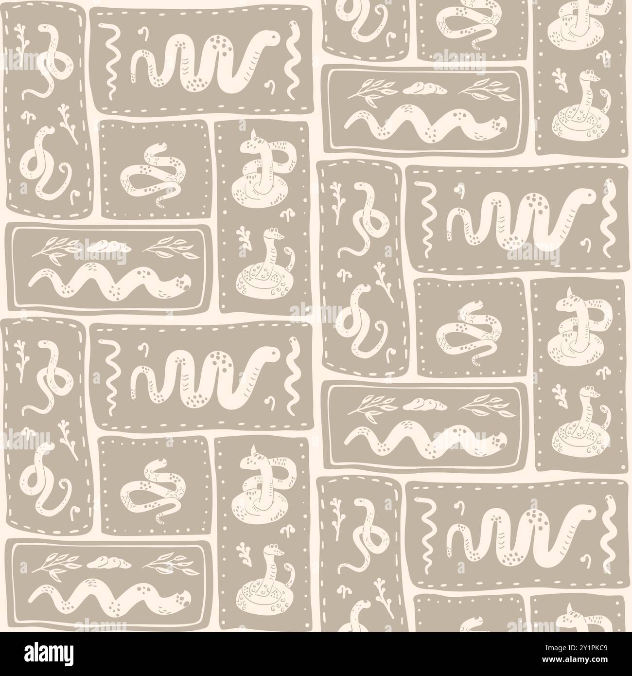 Patchwork seamless pattern with various snakes and botanical elements ...