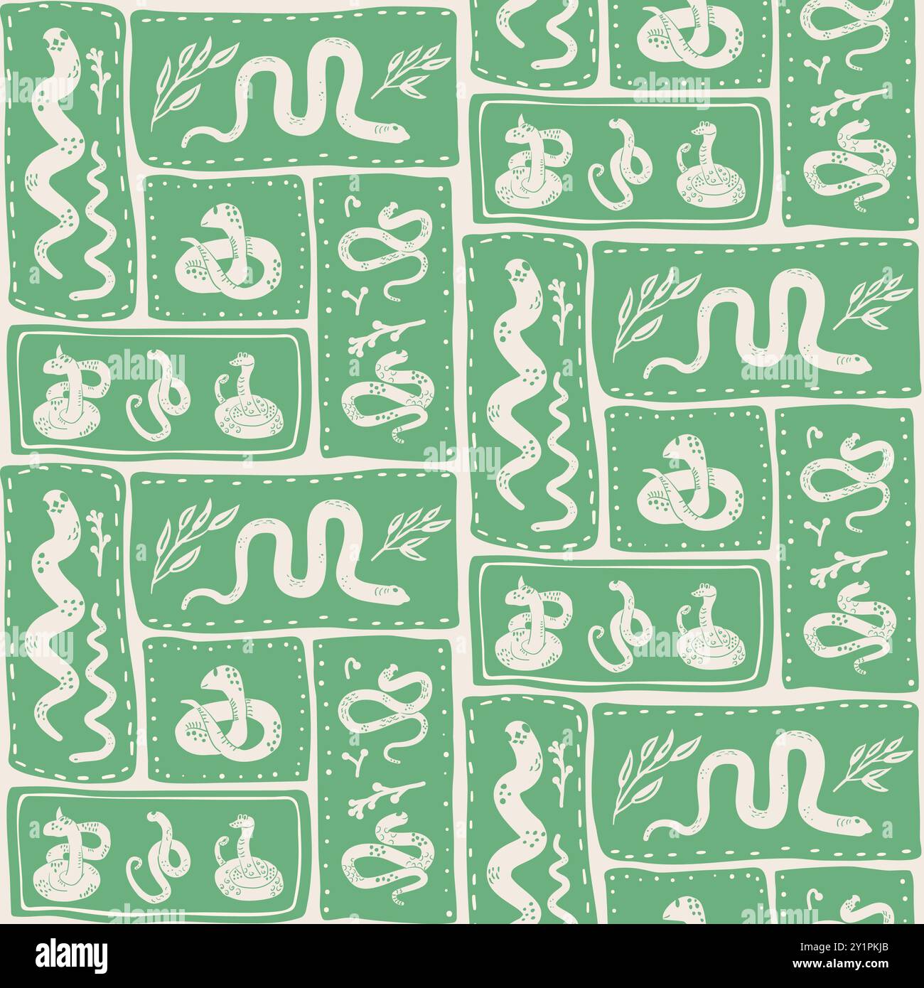 Green seamless pattern with snakes and leaves in rectangular segments ...