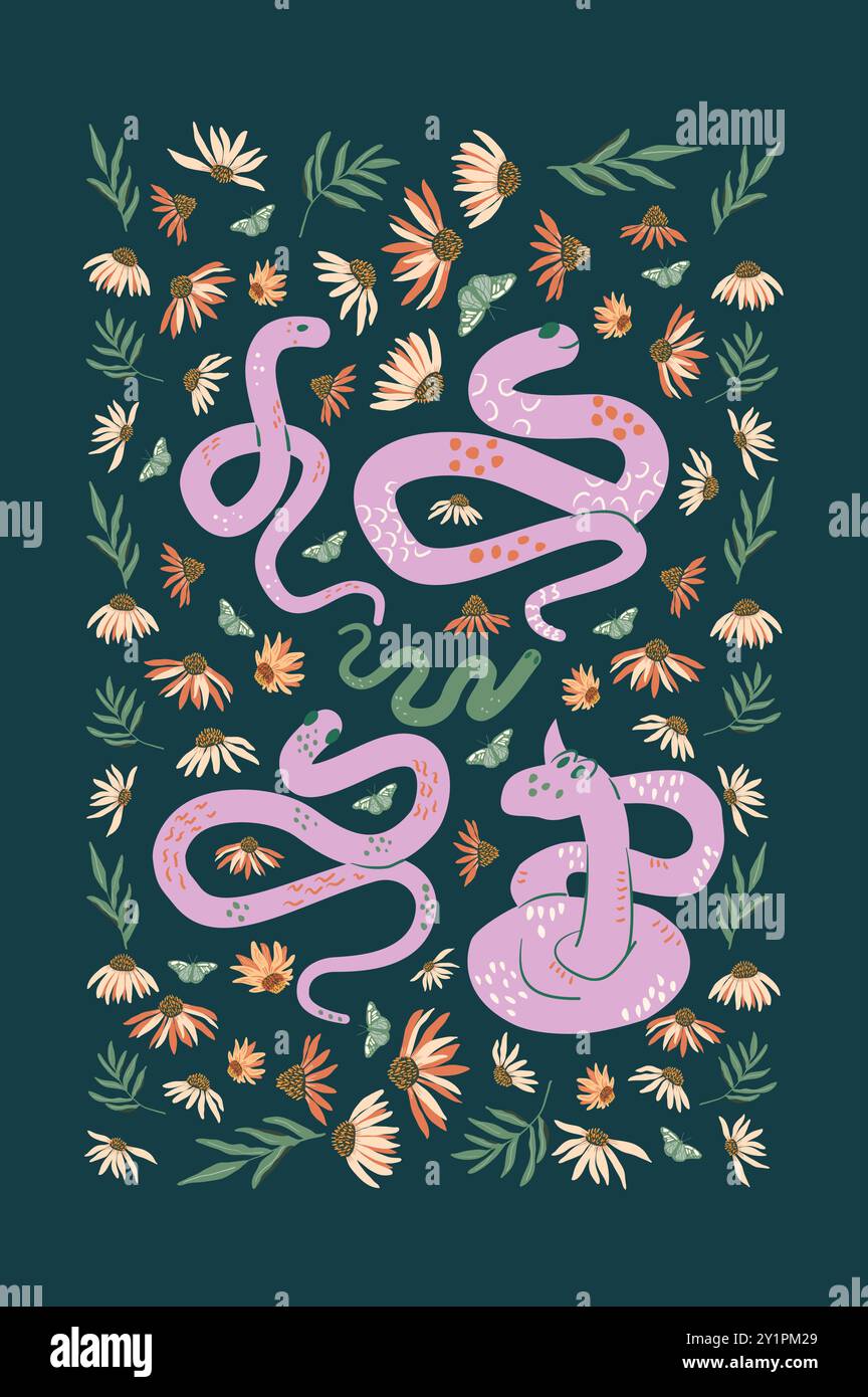 Snakes and daisy poster. Flowers and reptile animals background. Dark ...