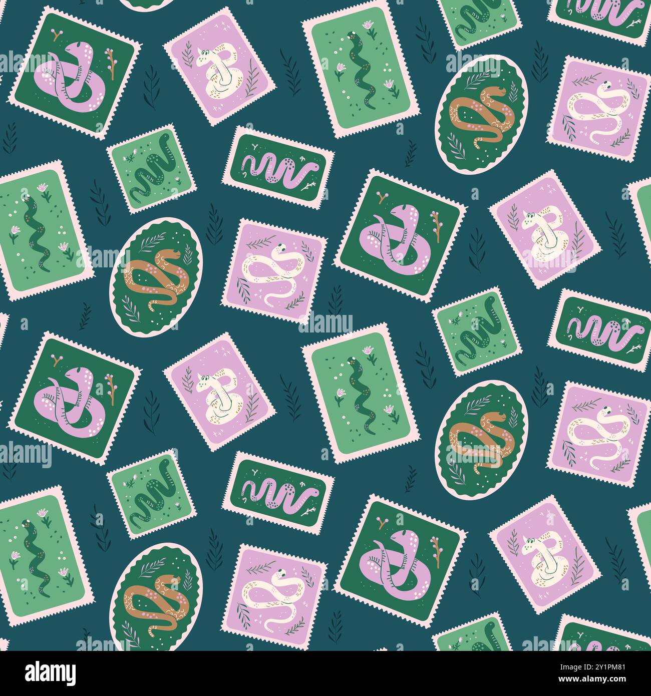 Snakes post stamps and labels seamless pattern. cute reptiles square ...