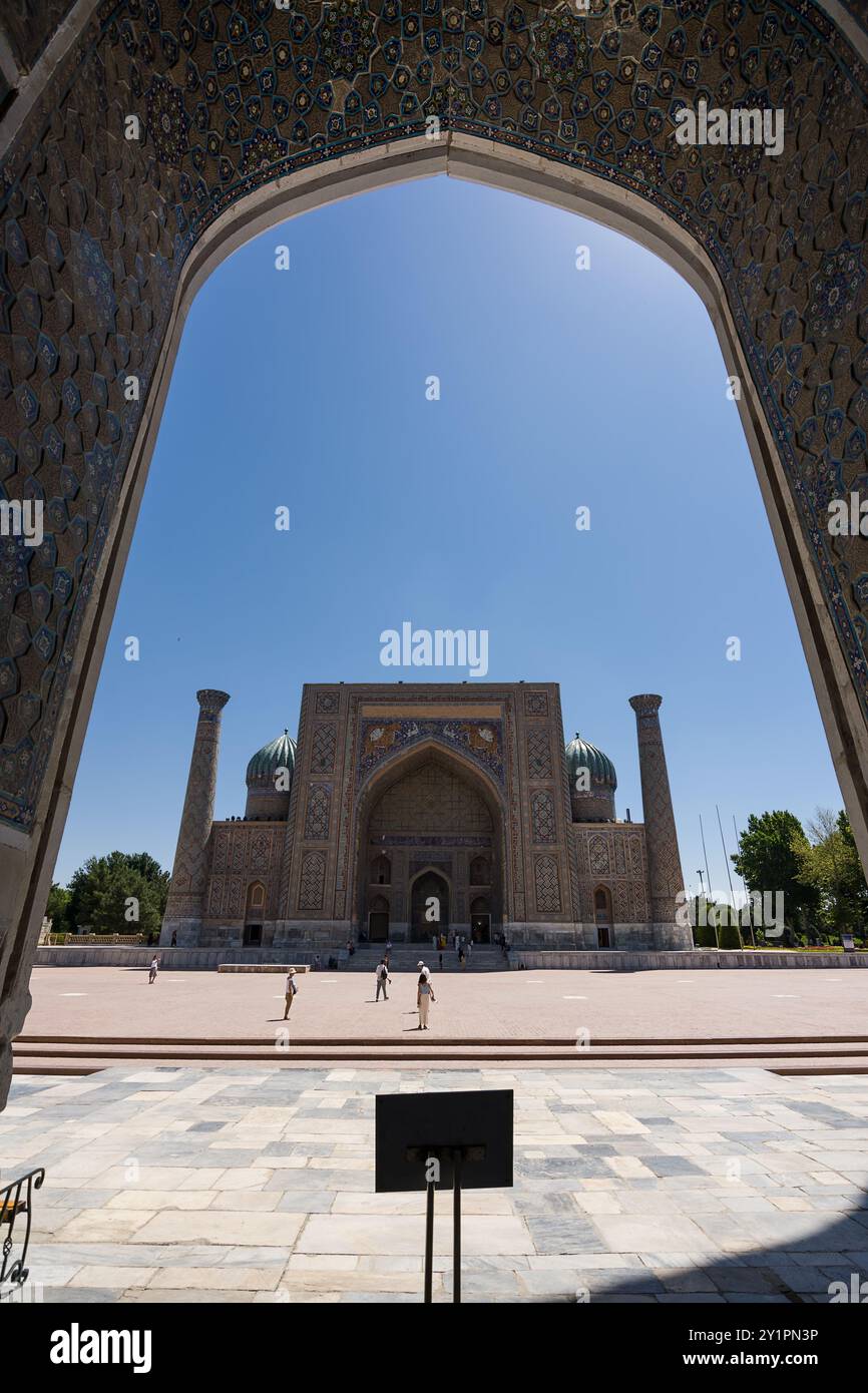 Samarkand, Uzbekistan - 05 July 2024: Facade of Sher-Dor Madrasah seen ...