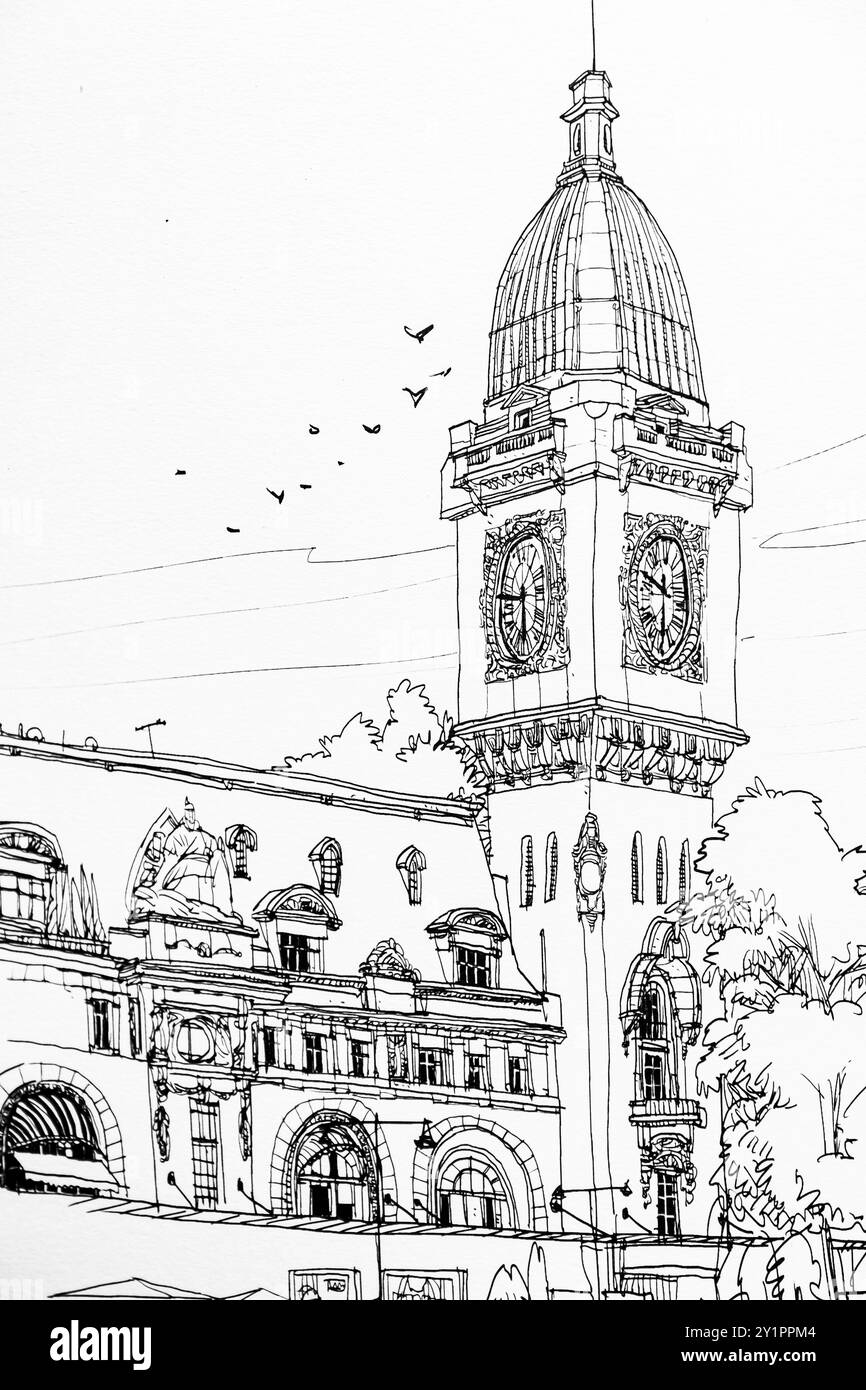 Urban drawing building and infrastructure in black and white ...