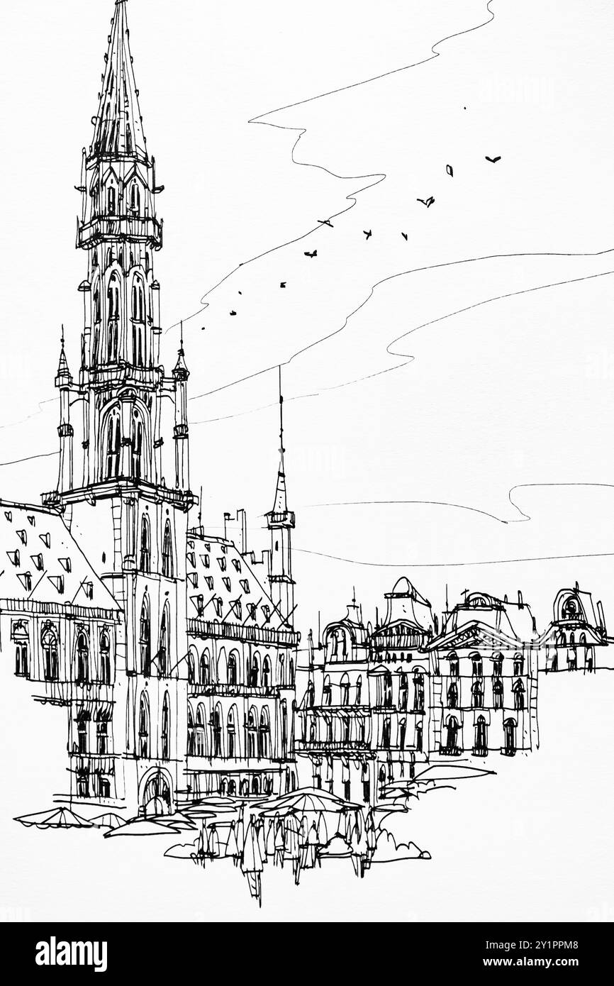 Urban drawing building and infrastructure in black and white ...