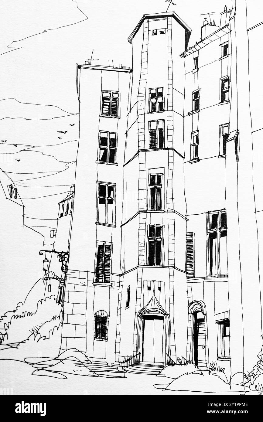 Urban drawing building and infrastructure in black and white ...