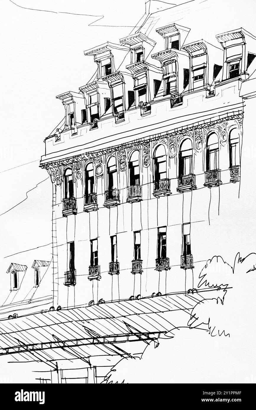 Urban drawing building and infrastructure in black and white ...