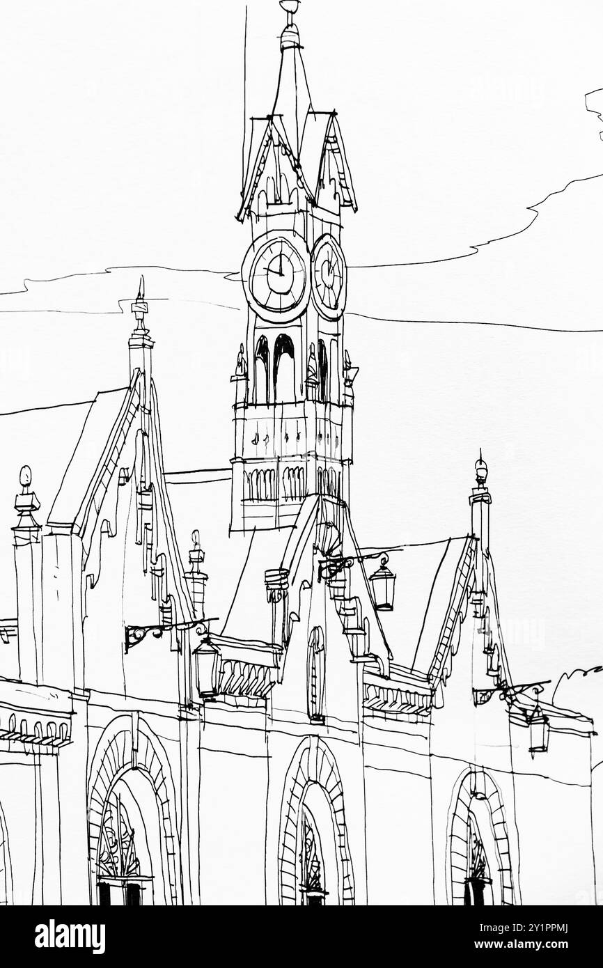 Urban drawing building and infrastructure in black and white ...