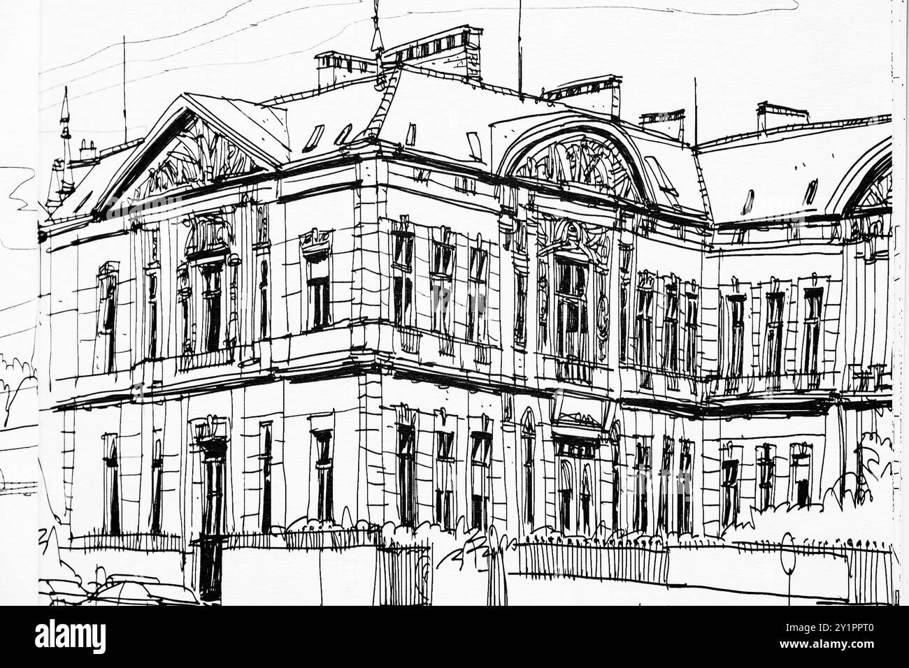 Urban drawing building and infrastructure in black and white ...