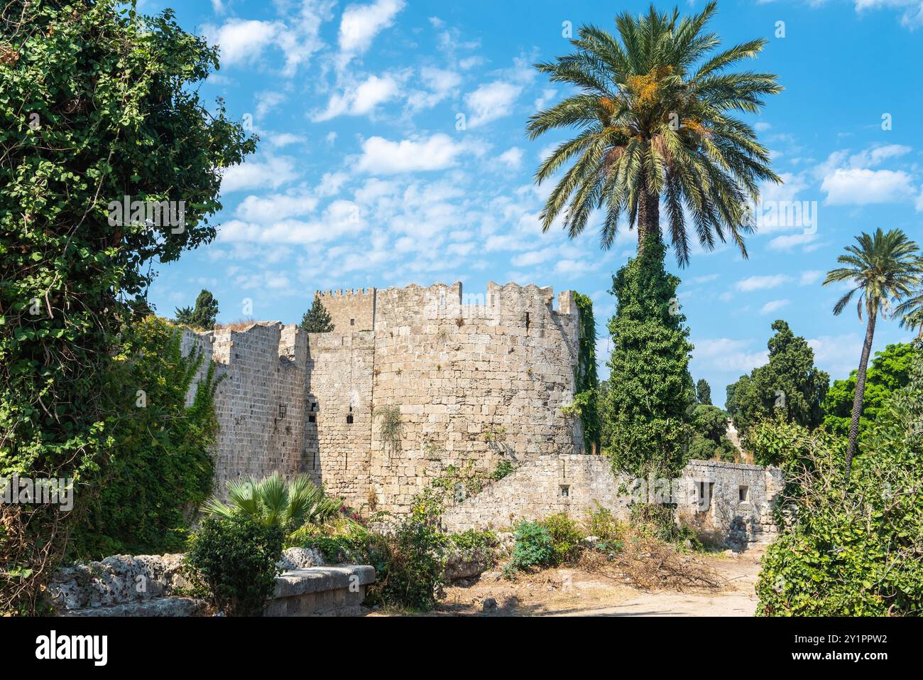 Medieval moat surrounding the walls of Old Town neighbourhood in Rhodes ...