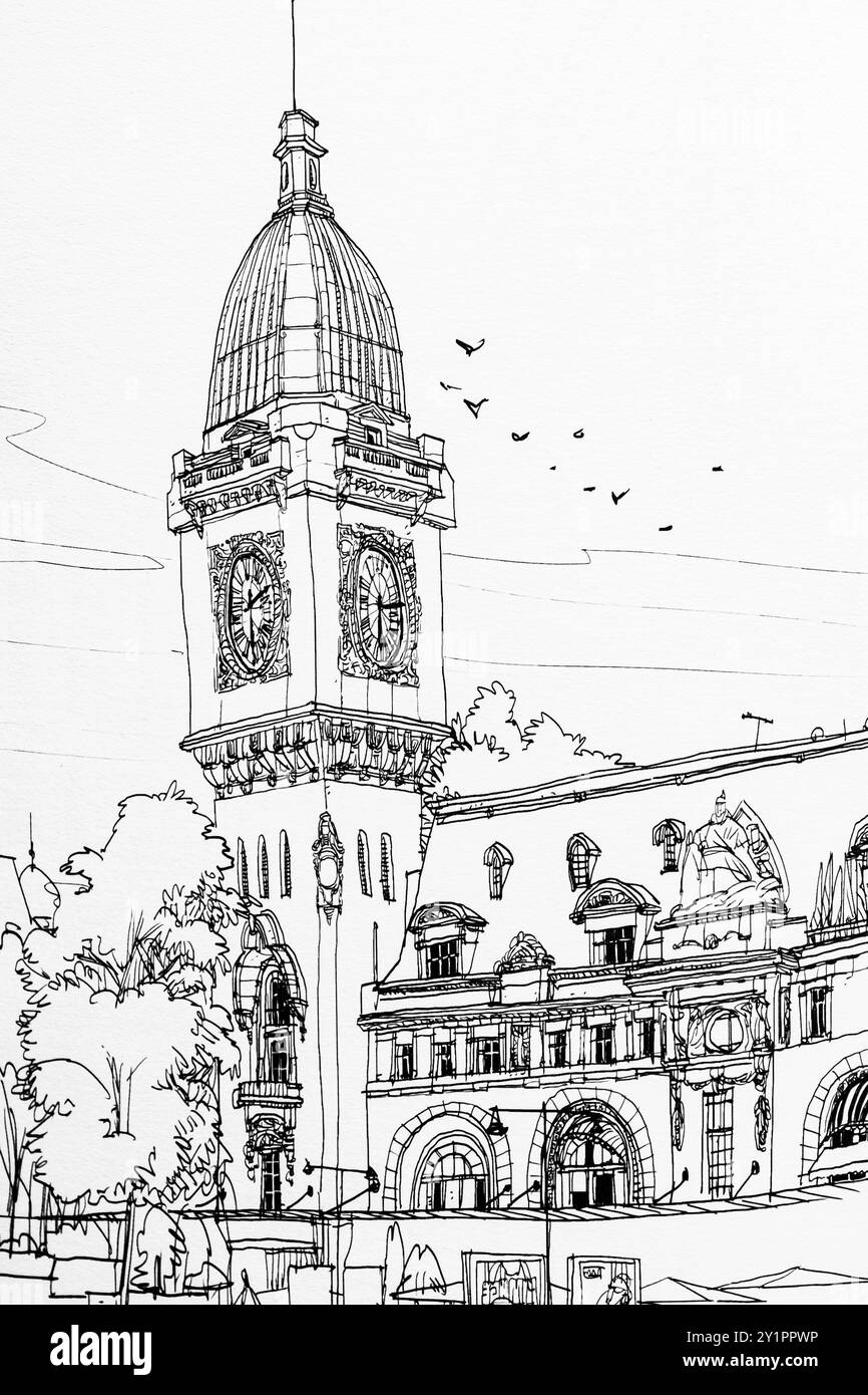 Urban drawing building and infrastructure in black and white ...