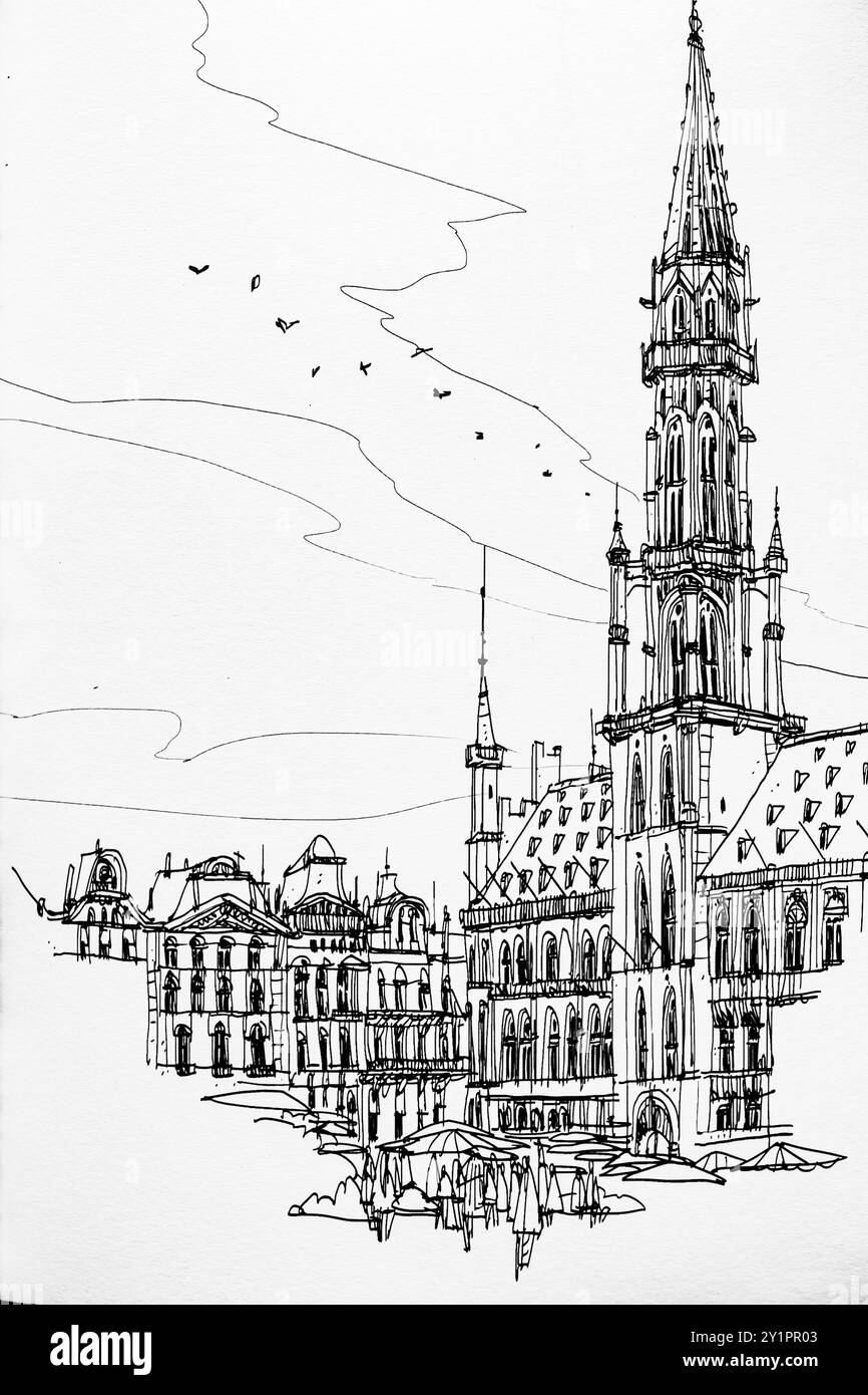 Urban drawing building and infrastructure in black and white ...