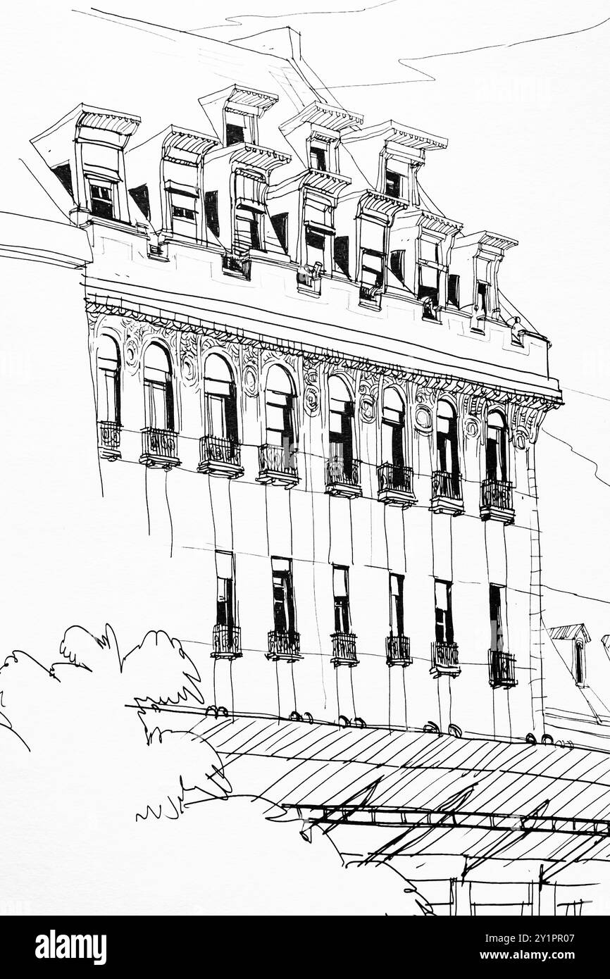 Urban drawing building and infrastructure in black and white ...