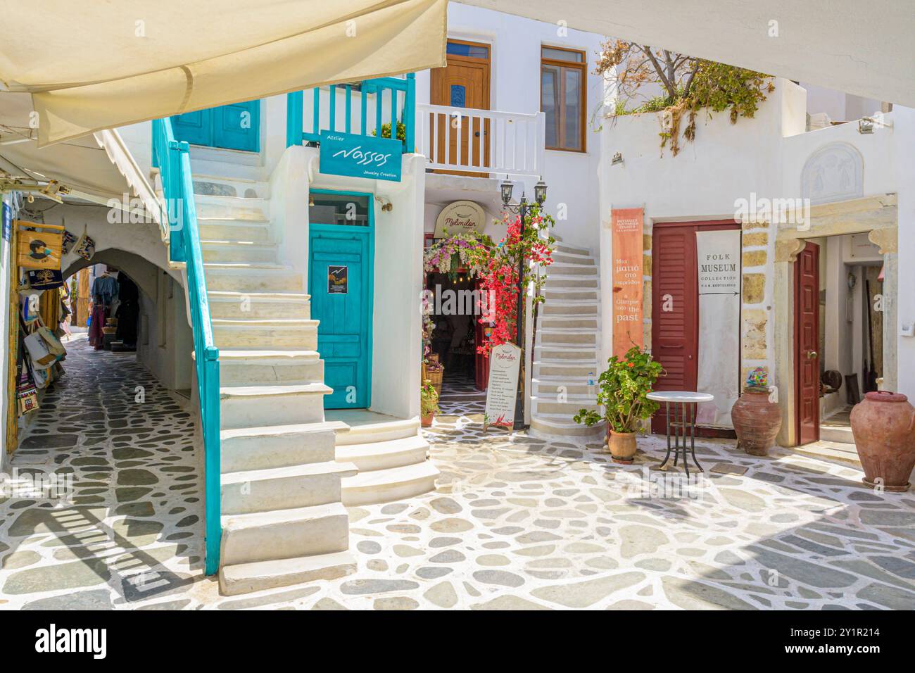 Shops and museum in the old market street in the Bourgos area of Naxos ...